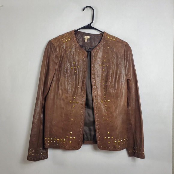 Reba | Jackets & Coats | Reba Women Brown Leather Studded Collarless ...
